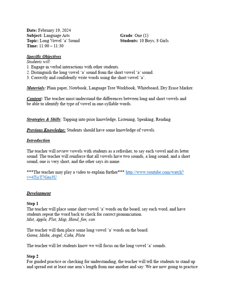 Long Vowel 'A' Lesson Plan for Grade 1 | PDF | Vowel | Cognition