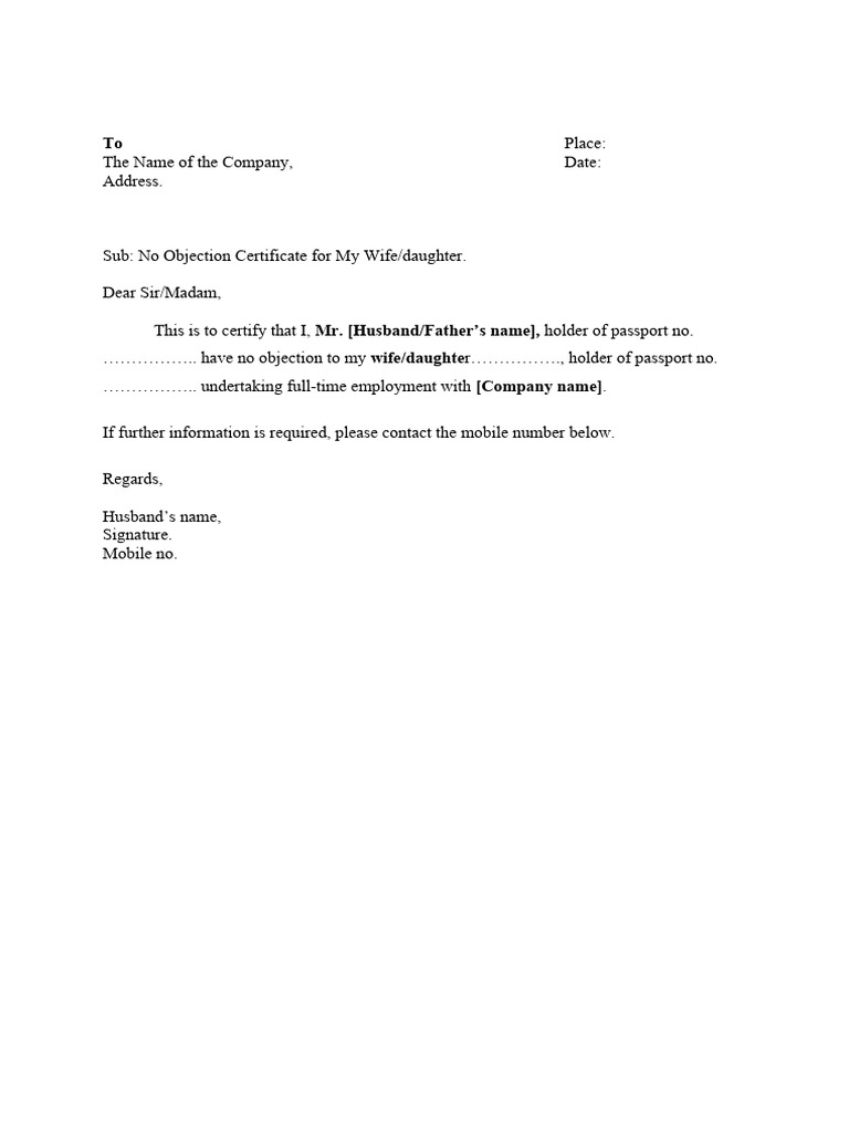 NOC Letter From Husband To Wife For Job | PDF