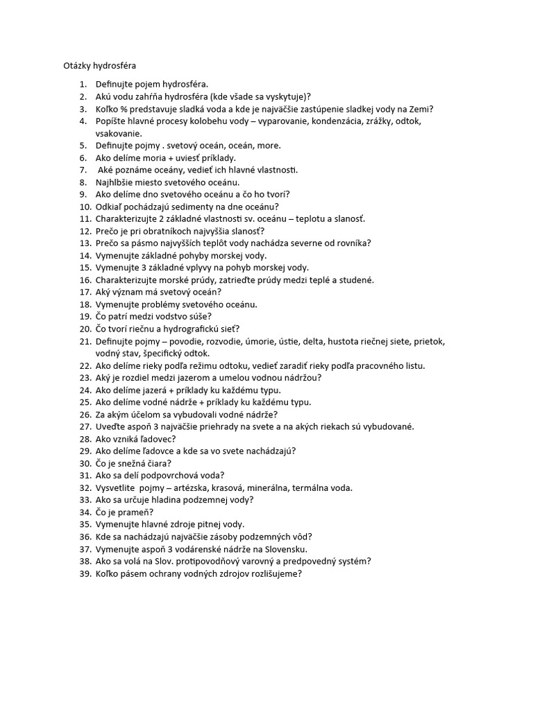 Otázky Hydrosféra | PDF