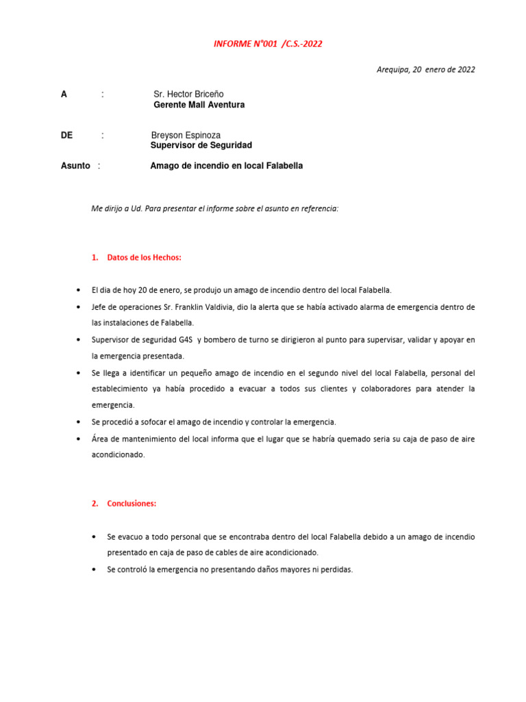 Informe Amago de Incendio | PDF