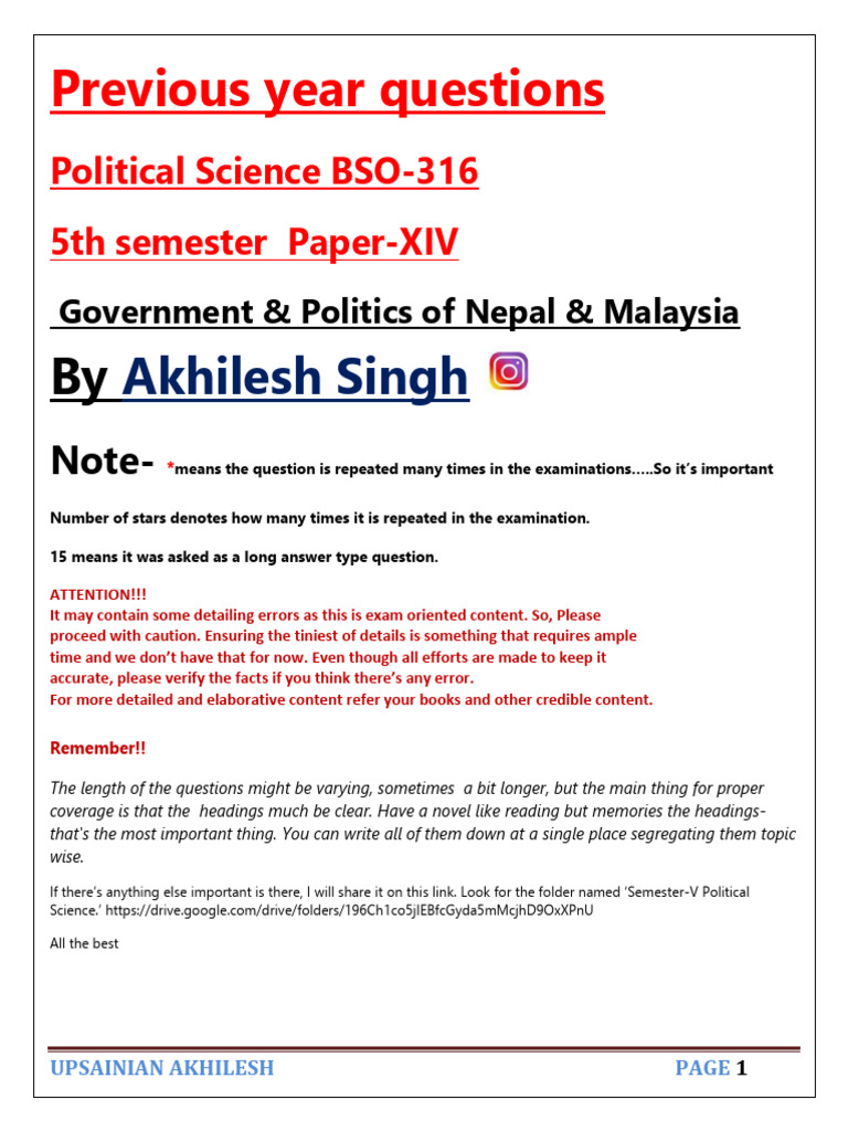 Previous Year Questions BSO-316 Government and Politics of Nepal and ...