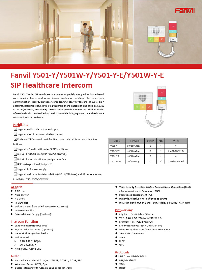 Fanvil - Y501-Y Series - Datasheet | PDF | Wi Fi | Networking Standards
