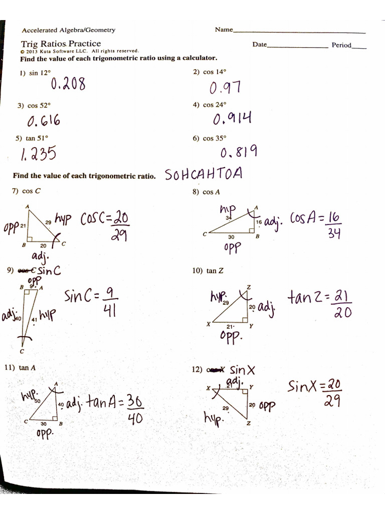 Trig Ratio Practice Problems 4443223 (4485) | PDF