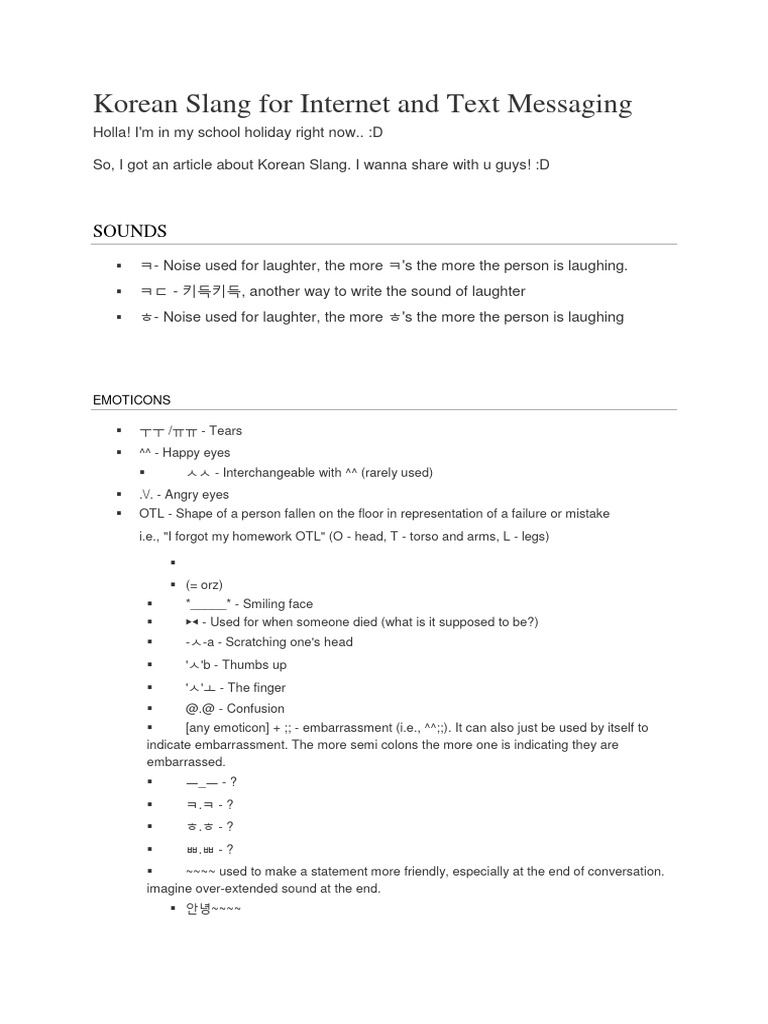 Korean Slang For Internet and Text Messaging | PDF | Linguistics ...