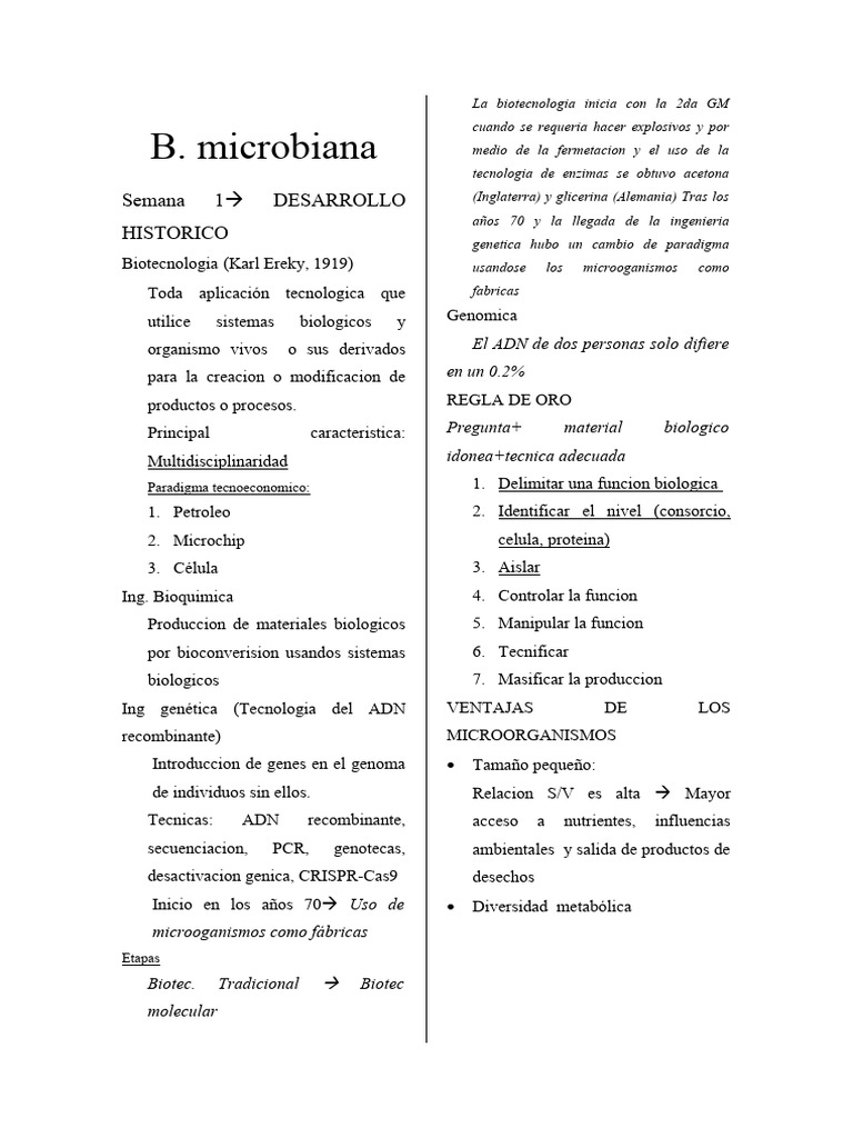 Resumen Semana 1 Biotecnología Microbiana | PDF | Biotecnología | Adn