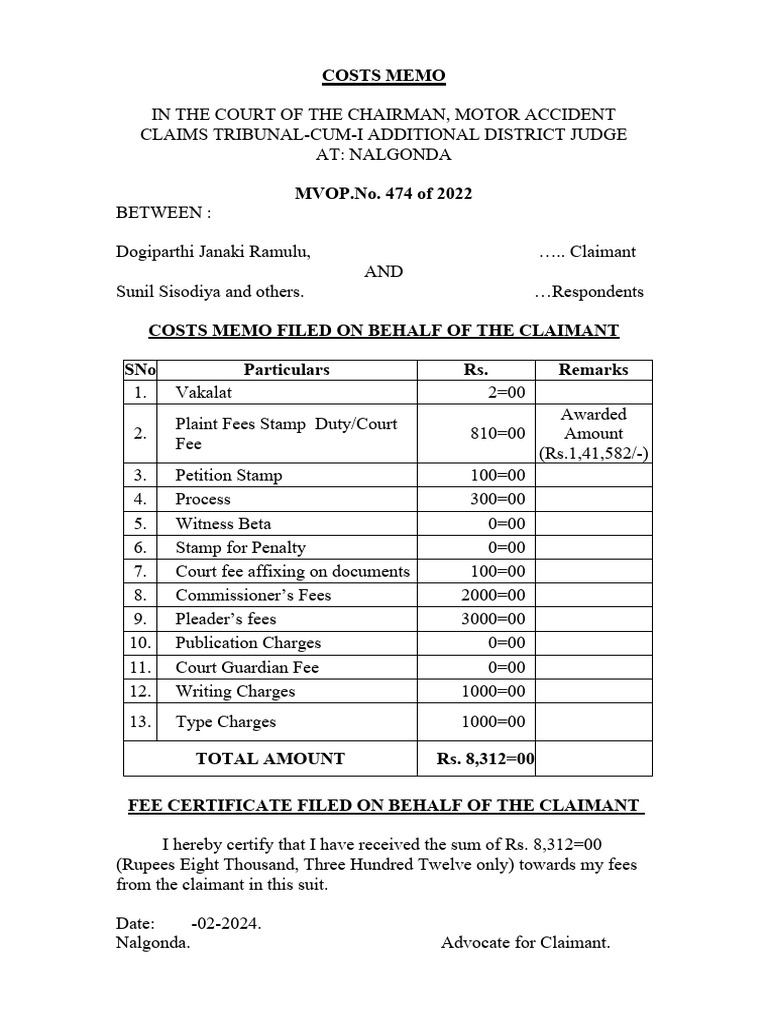 Court Costs Memo for Claimant | PDF