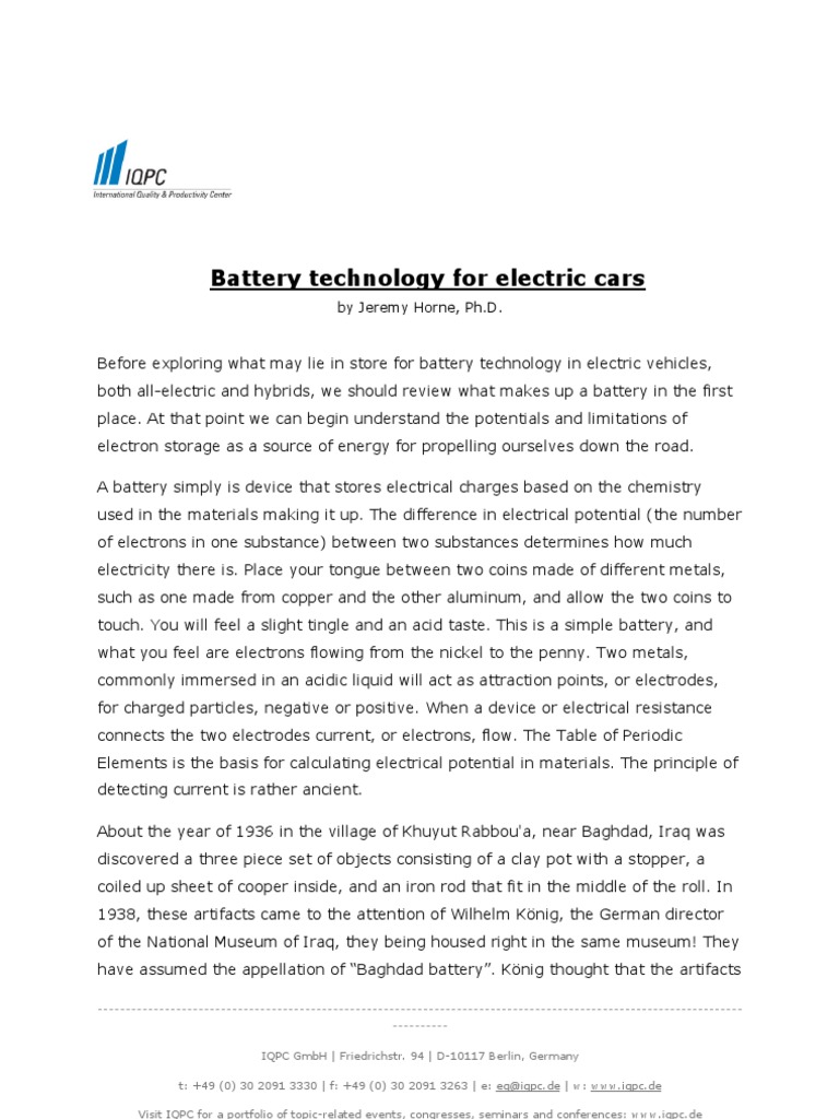 Battery Technology For Electric Cars | PDF | Lithium Ion Battery ...