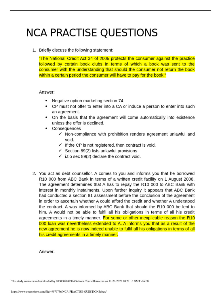 Nca Practise Questions | PDF | Credit | Finance & Money Management