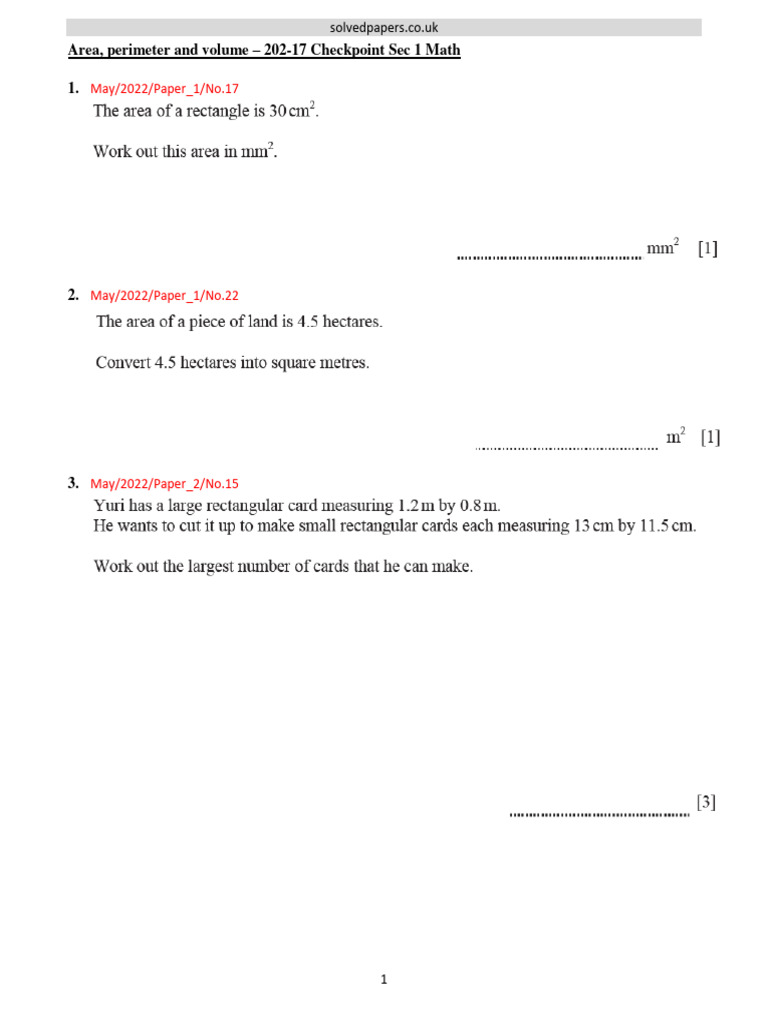 2022 17 Area Perimeter and Volume Checkpoint Sec 1 Mathematics | PDF | Elementary Mathematics ...