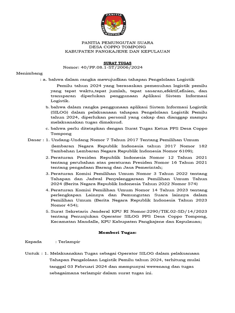 Surat Tugas Si Log Desa Coppo Tompong | PDF