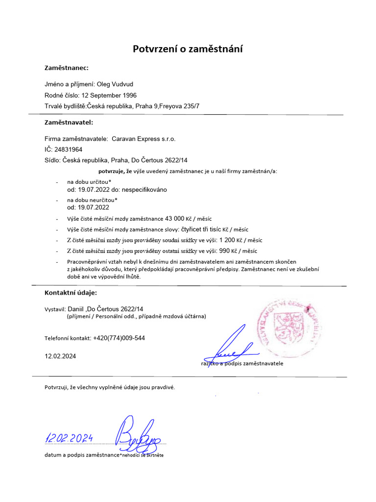 6136237d54fc5555a4fea097 - Potvrzení o Zaměstnání | PDF