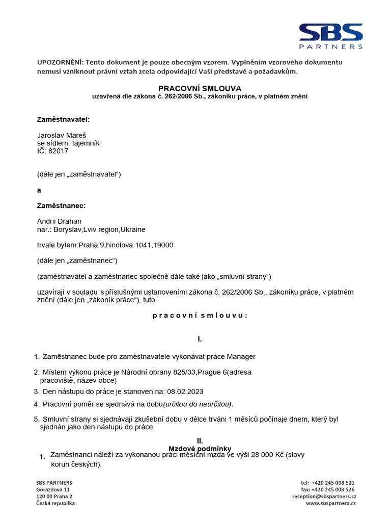 Pracovní Smlouva | PDF