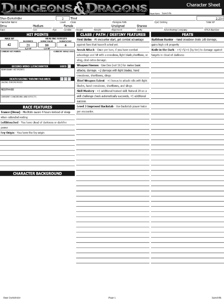 D&D Character Sheet: Shae Darkstrider | PDF