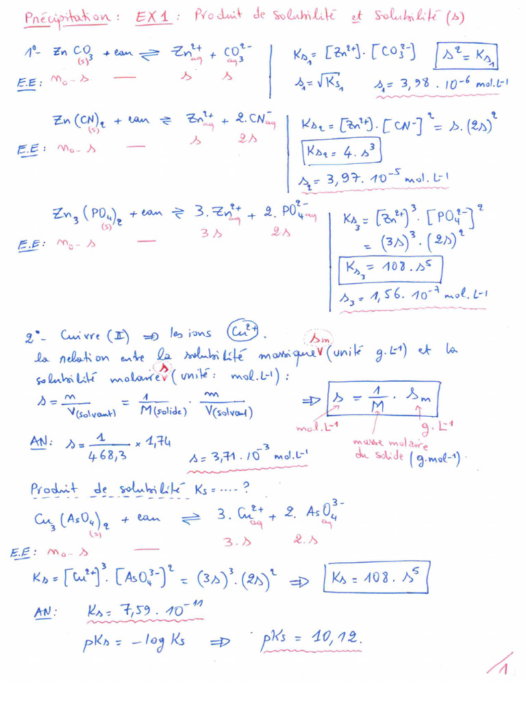 Chimie - Précipitation - Ex1 Ex2 - Corrigé | PDF