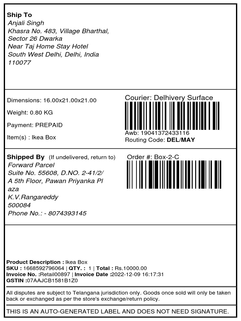 Shiprocket Manifest for Ikea Box | PDF