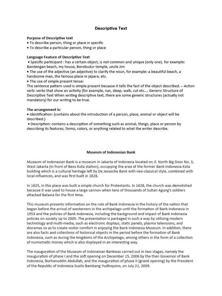 Descriptive Text: Museum of Indonesian Bank | PDF | Indonesia | Verb