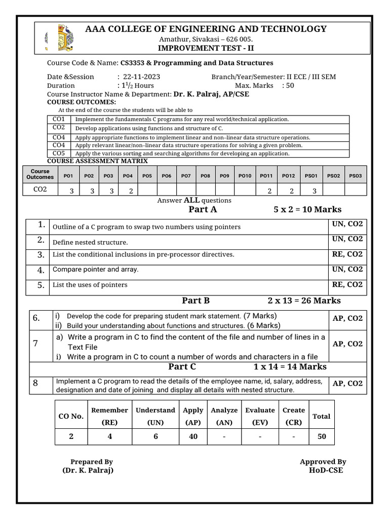 III - ECE - CS3353 - Imporovement Question | PDF | Pointer (Computer Programming) | Computer Science