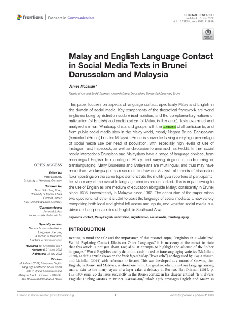 Malay and English Language Contact in Social Media Texts in Brunei ...