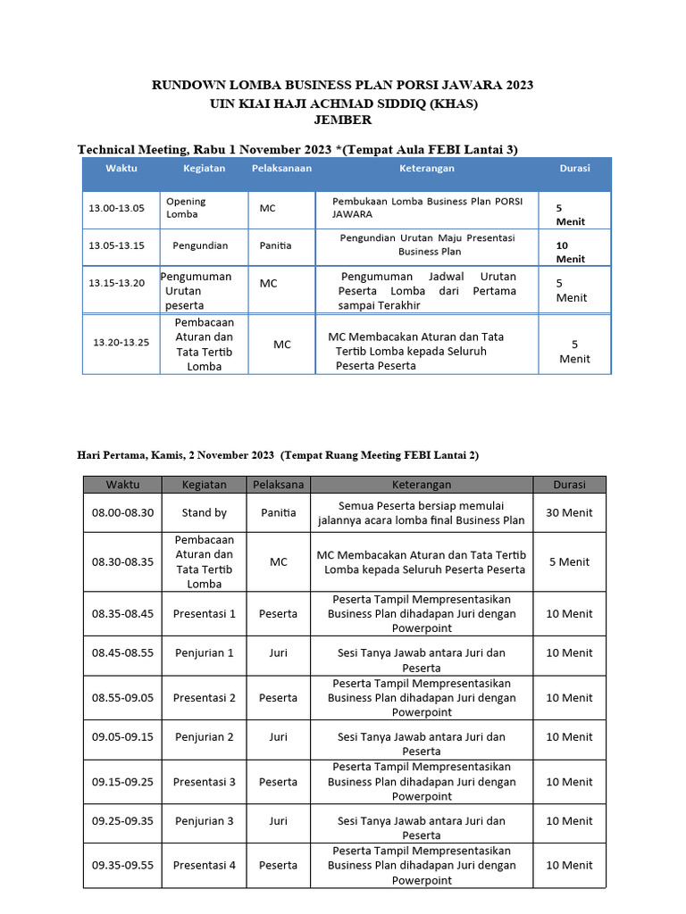 RUNDOWN LOMBA BUSINESS PLAN PORSI JAWARA 2023 (2 Hari) | PDF