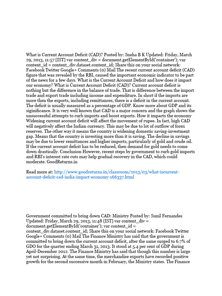 Understanding Current Account Deficit (CAD) | PDF | Balance Of Trade ...
