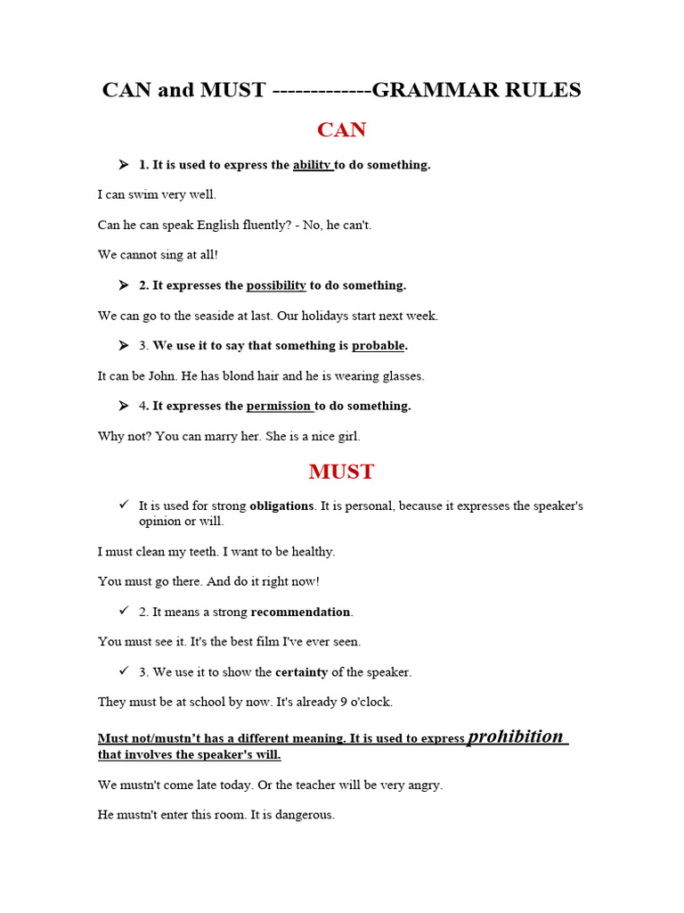 Can and Must - Rules and Exercises | PDF | Wellness