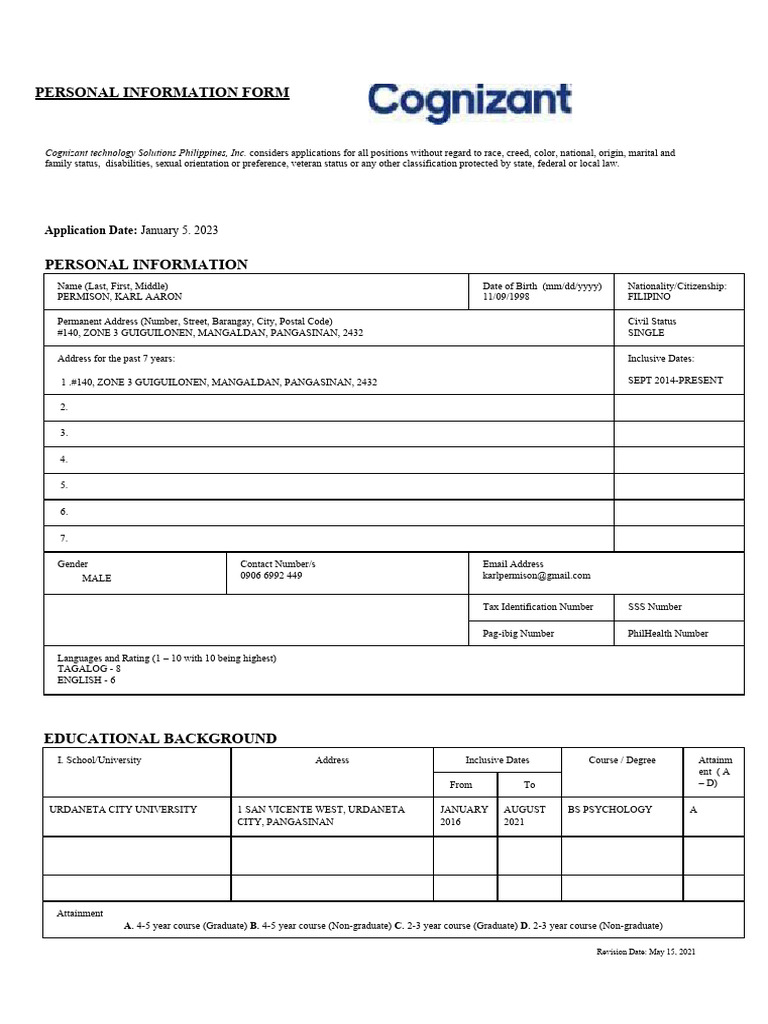 Cognizant Job Application Form | PDF | Employment | Justice
