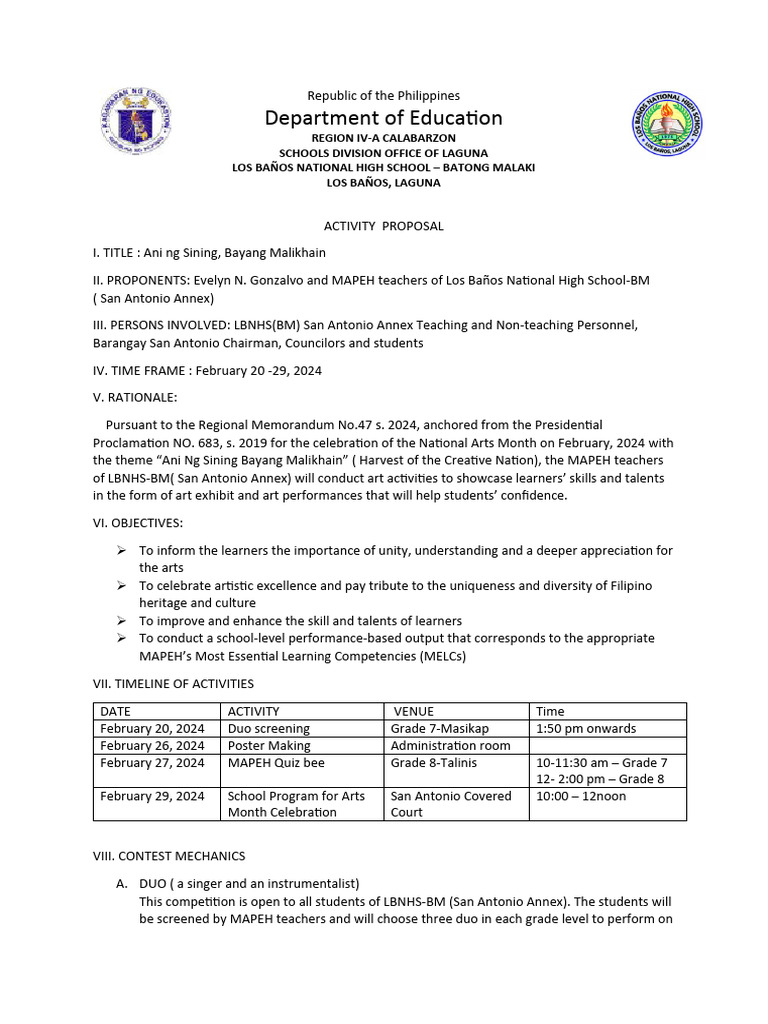 Aning Sining 2024 PROJECT-PROPOSAL | PDF | Behavior Modification | Learning