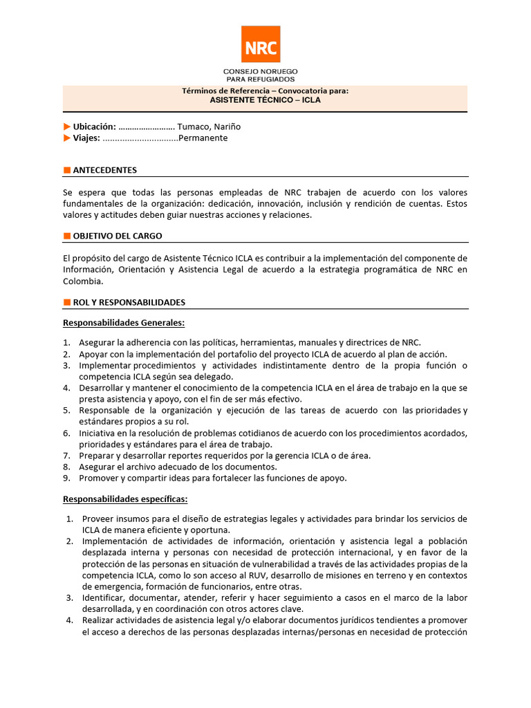 Convocatoria Asistente Técnico ICLA Tumaco | PDF | Conocimiento ...