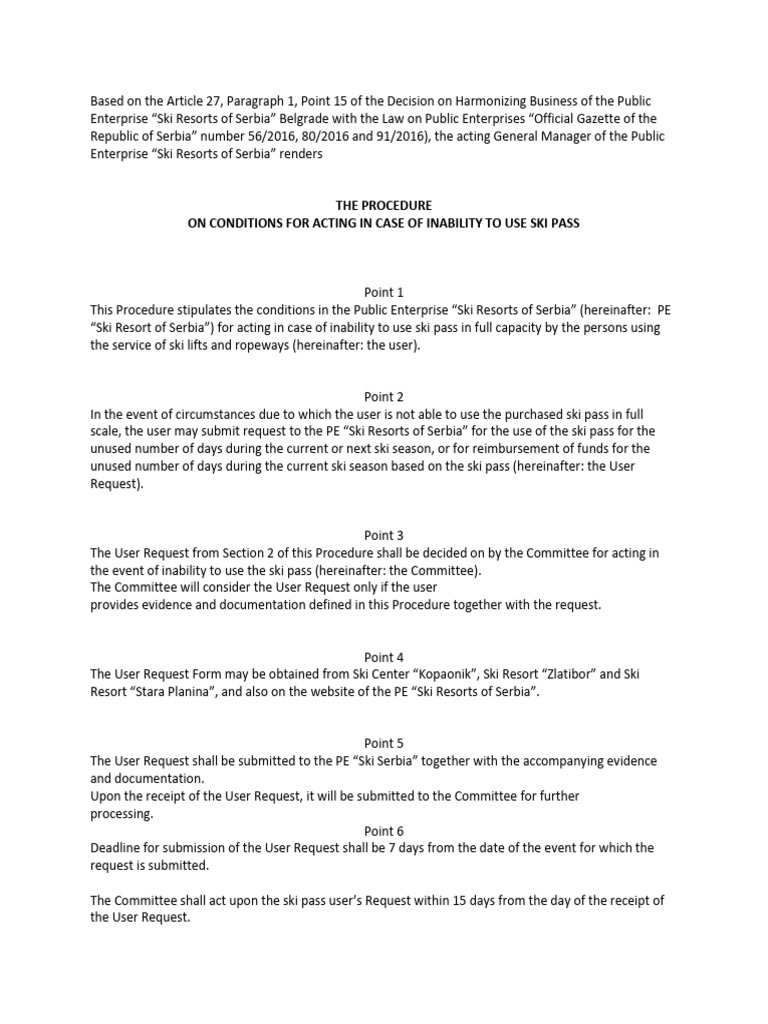 The Procedure On Conditions For Acting in Case of Inability To Use Ski Pass | PDF | Identity ...