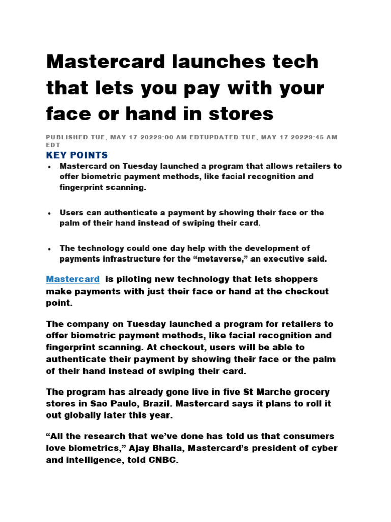 Mastercard launches tech that lets you pay with your face or hand in ...