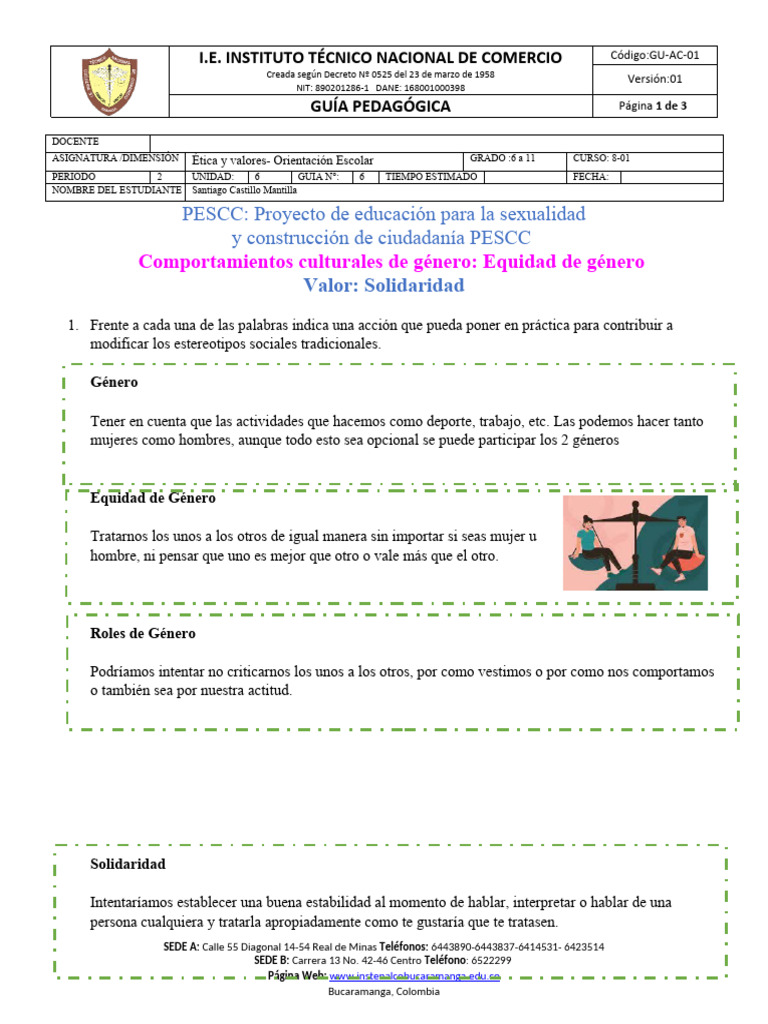 Pescc Comportamientos Culturales de Género. Equidad de Genero y Solidaridad Sexto A Undecimo 1 ...