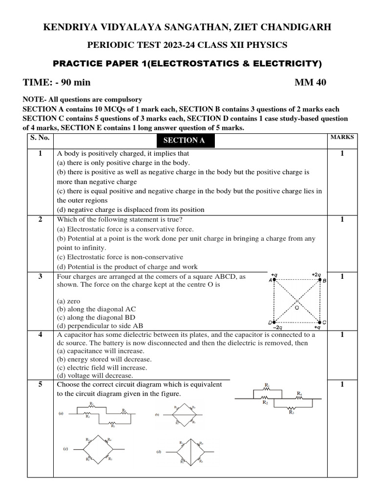 Sample Paper of 1ST PT Physics, Class 12TH, (Set-A) 2023-24 | PDF ...