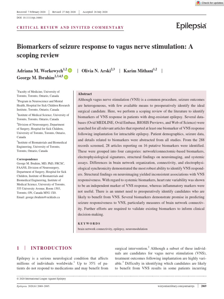 Epilepsia - 2020 - Workewych - Biomarkers of Seizure Response To Vagus Nerve Stimulation A ...