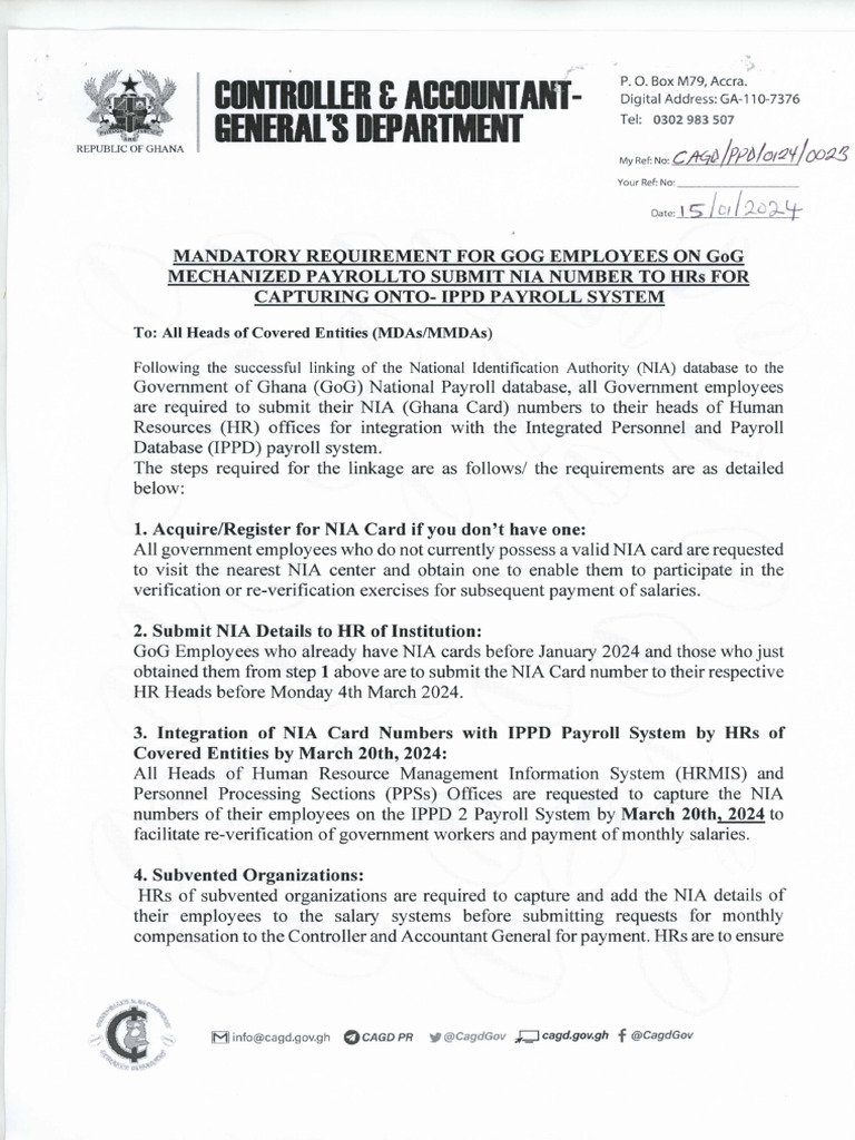 MANDATORY REQUEST FOR GoG EMPLOYEES TO SUBMIT NIA NO. TO HRs FOR ...