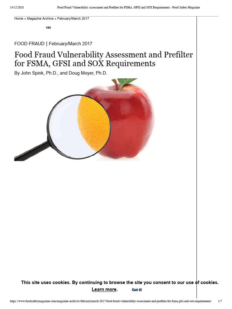 Food Fraud Vulnerability Assessment and Prefilter For FSMA GFSI and SOX ...