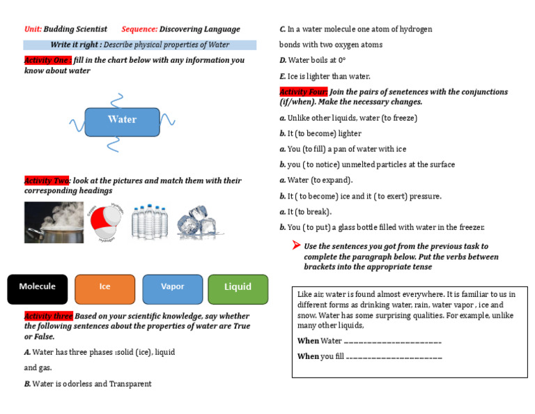 Budding Scientist Write It Right Pdf Water Properties Of Water