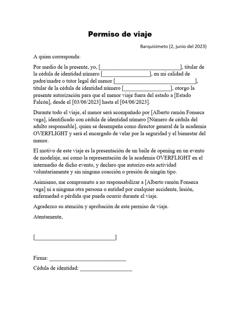 Permiso De Viaje Pdf