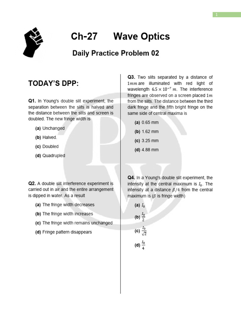 Wave Optics DPP O2 | PDF | Wavelength | Physical Sciences