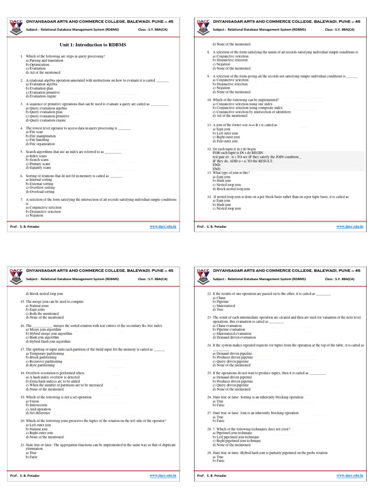 Relational Database Management System Rdbms Solved Mcqs | PDF | Computers