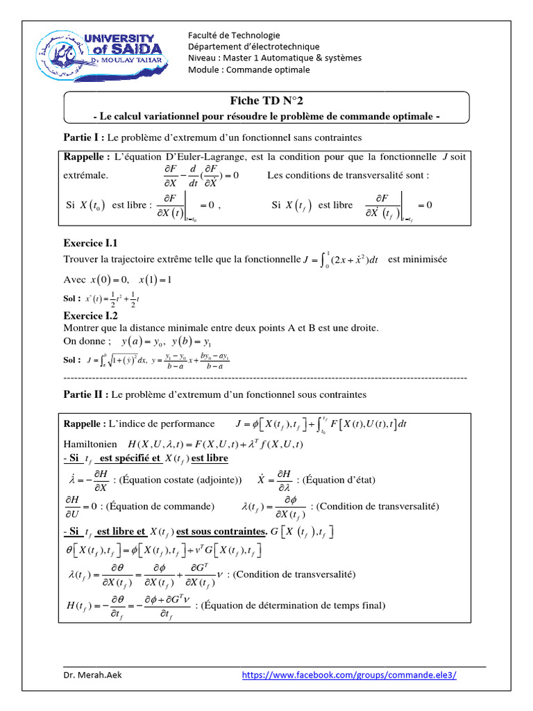 Fiche TD N° 2 Le Calcul Variationnel Pour Résoudre Le Problème de ...
