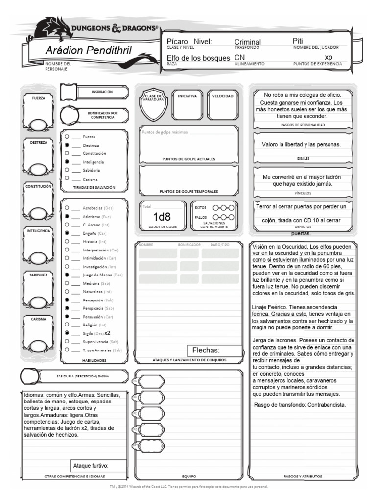 Hoja de Personaje Blanca DND 5e | PDF
