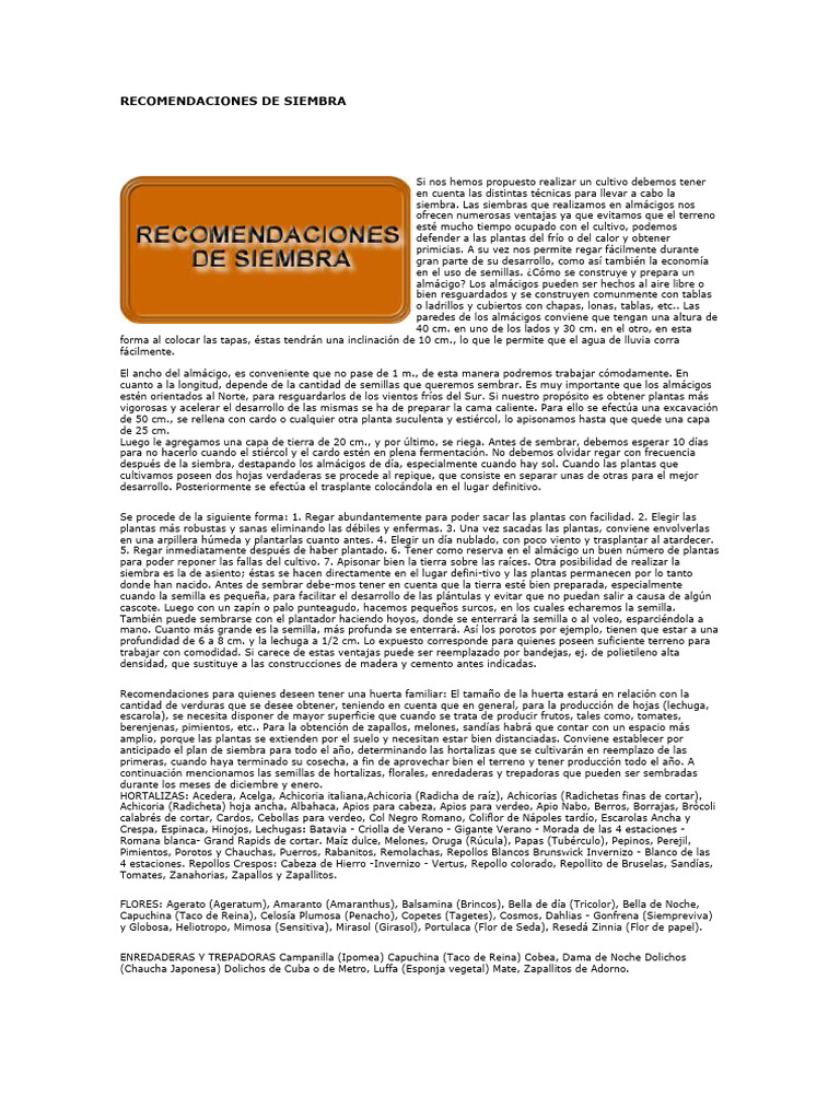 Recomendaciones de Siembra | PDF | Siembra | Vegetales