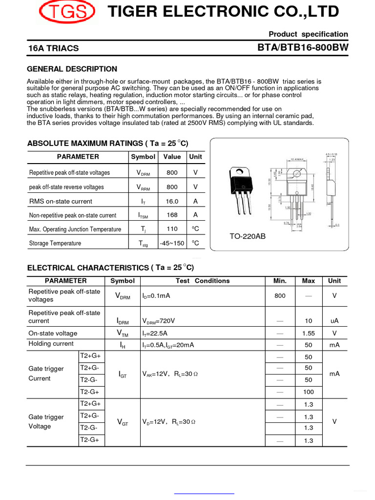 BTB16-800BW TGS | PDF | Physical Quantities | Electrical Components