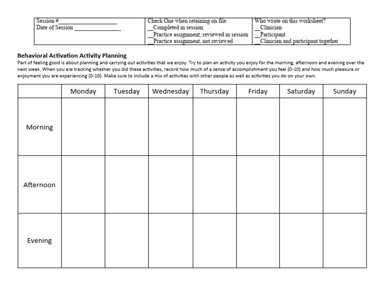 Behavioral Activation Worksheet | PDF | Self-Improvement | Science ...