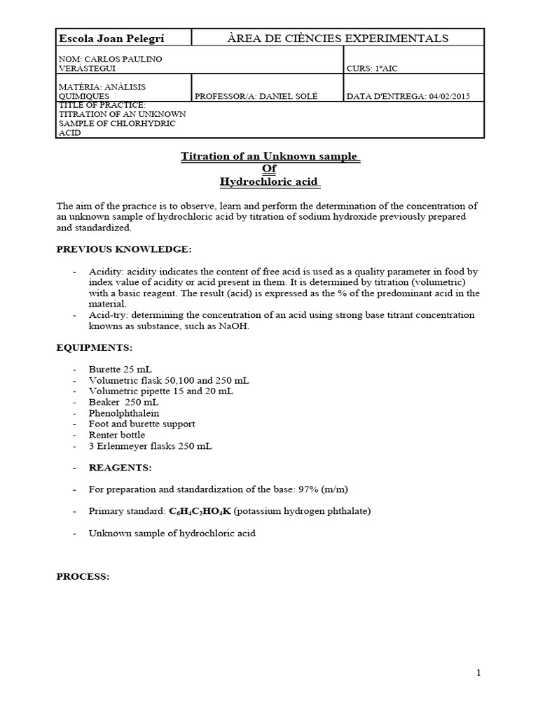 Unknown Sample Hcl Pdf Titration Chemistry
