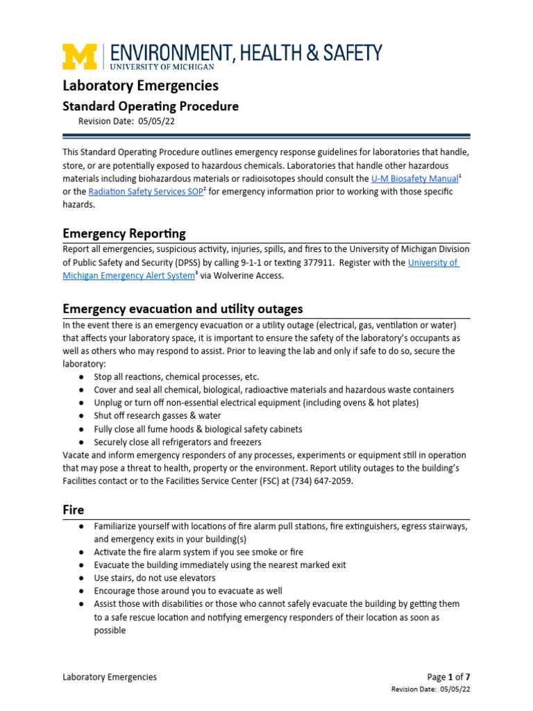 Laboratory Emergency Procedures SOP | PDF | Laboratories | Hazards