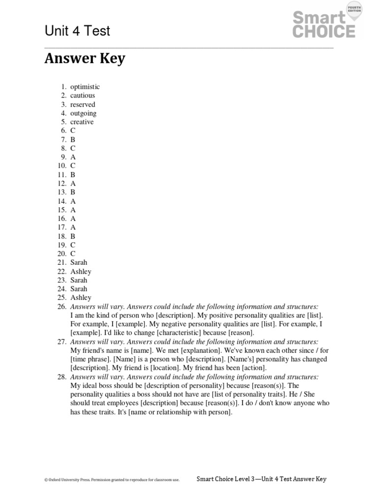 SC4e L3 Test U04 AnswerKey | PDF | Cognitive Science | Psychology