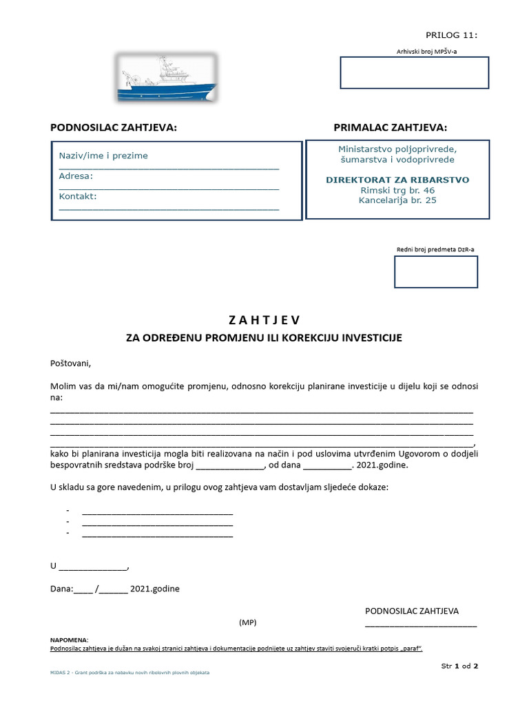 Midas 11227072021 Zahtjev Za Promjenu Ili Korekciju Planirane Investicije | PDF