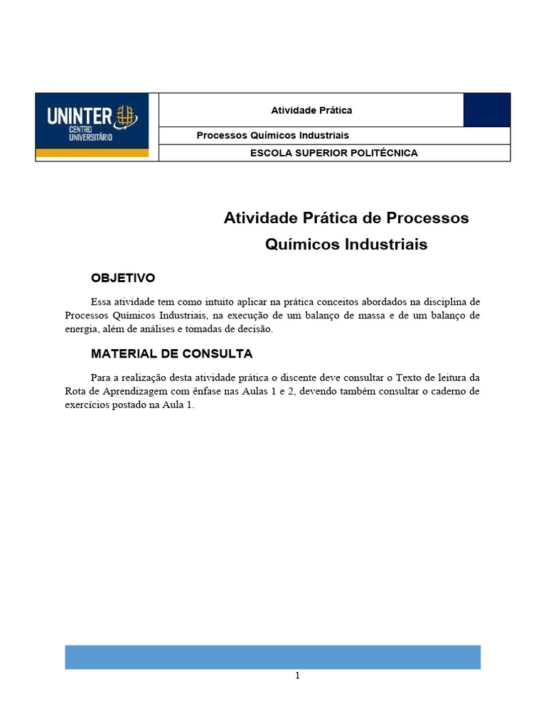 Nova Atividade Pratica de Processos Quimicos Industriais 2023 | PDF