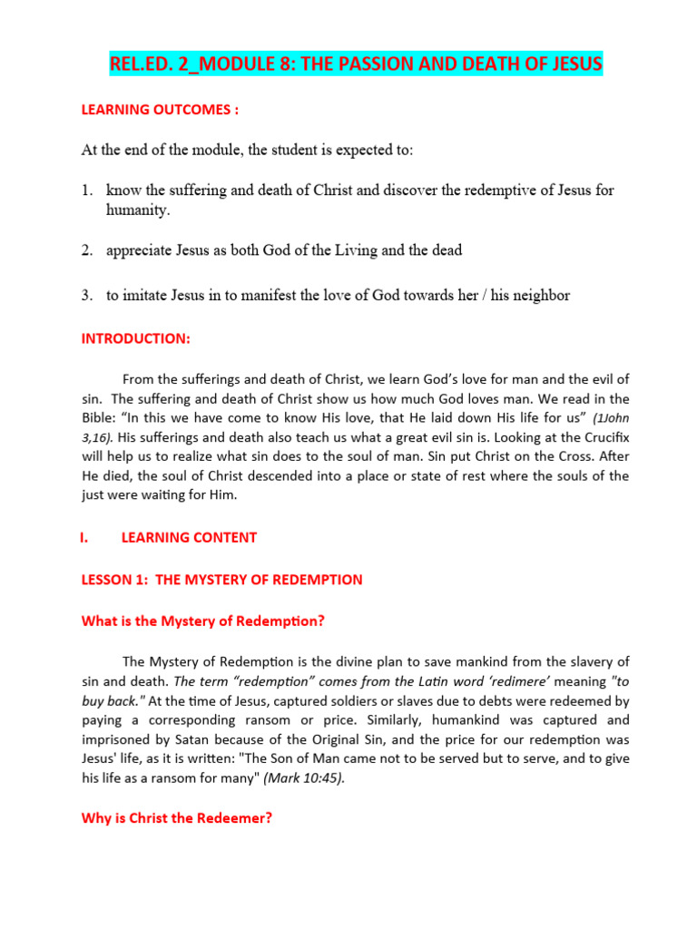 REL - ED 2 - SC - MODULE 8 THE PASION AND DEATH OF JESUS CHRIST | PDF ...